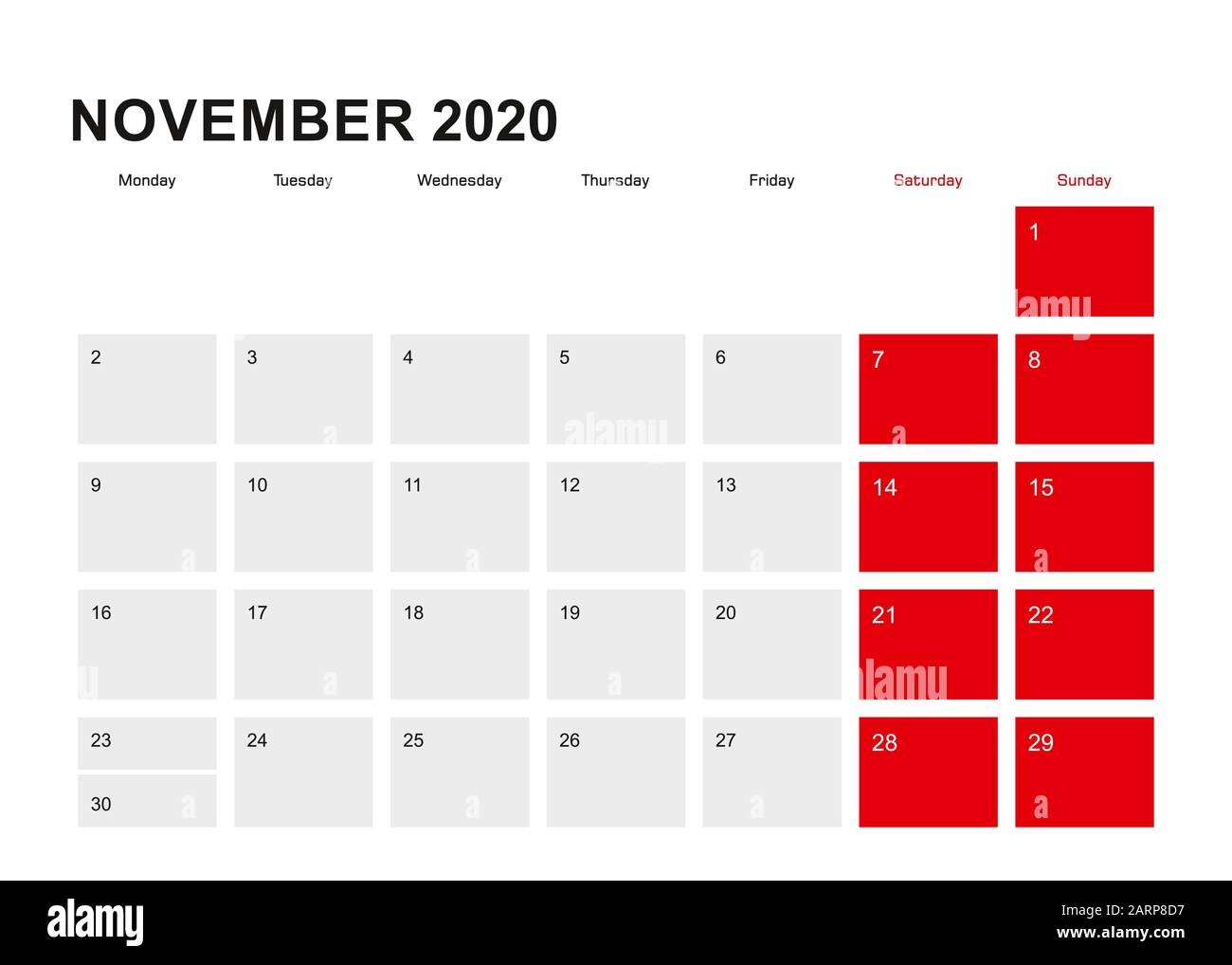 2020 November planner calendar design. Week starts from Monday. Vector ...
