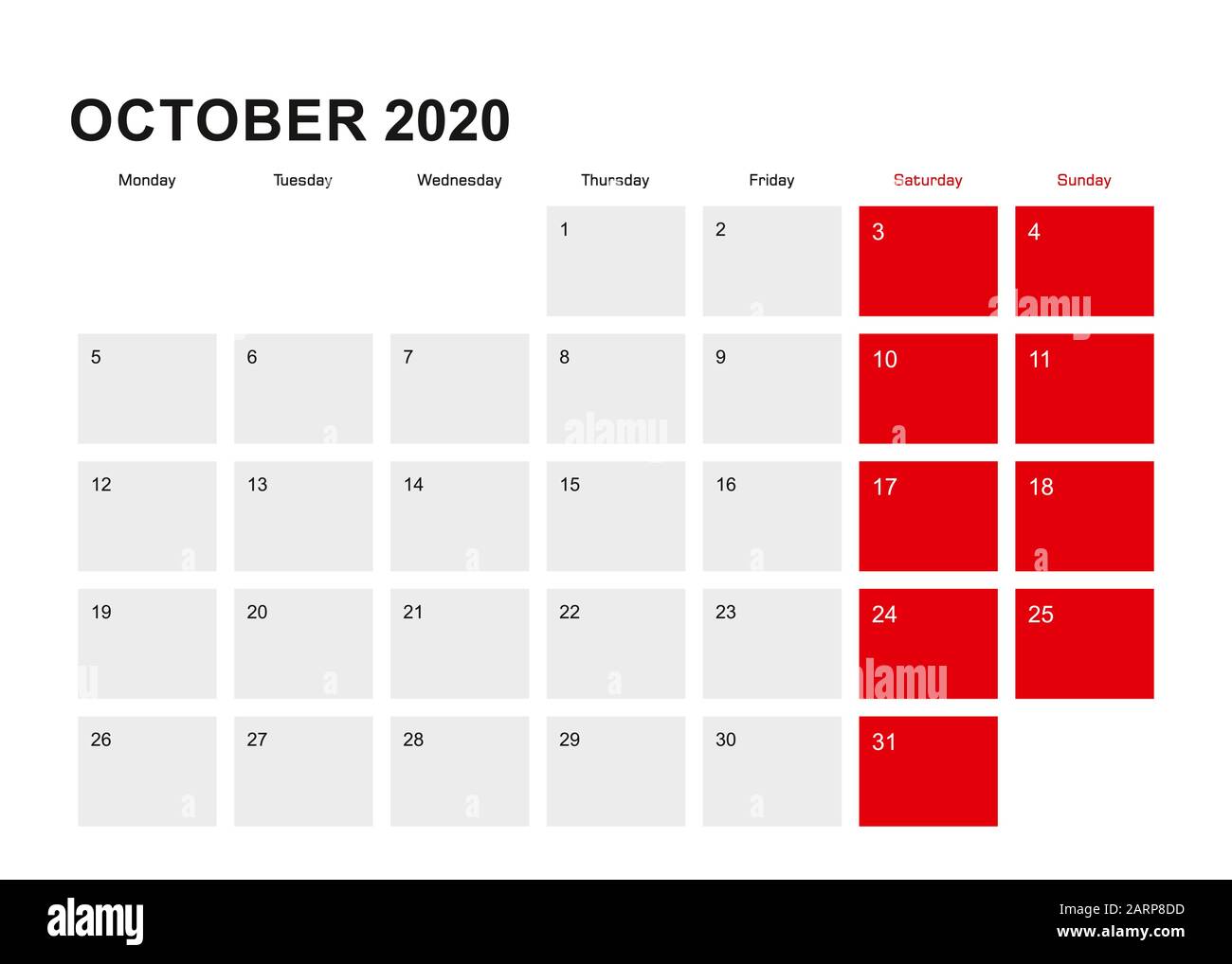2020 October planner calendar design. Week starts from Monday. Vector ...