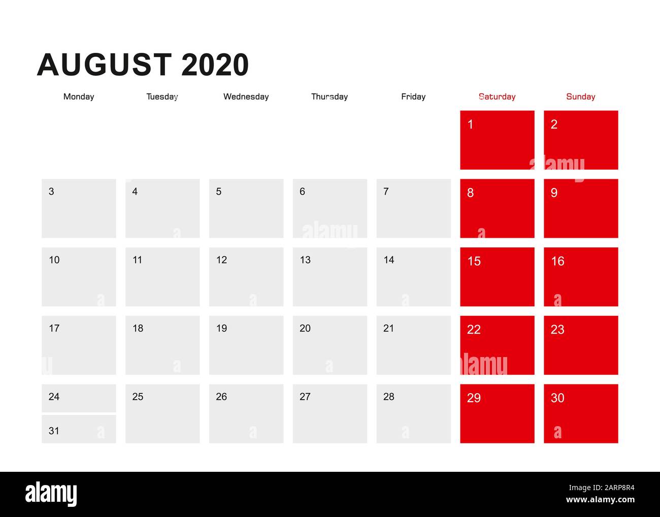 2020 August planner calendar design. Week starts from Monday. Vector ...