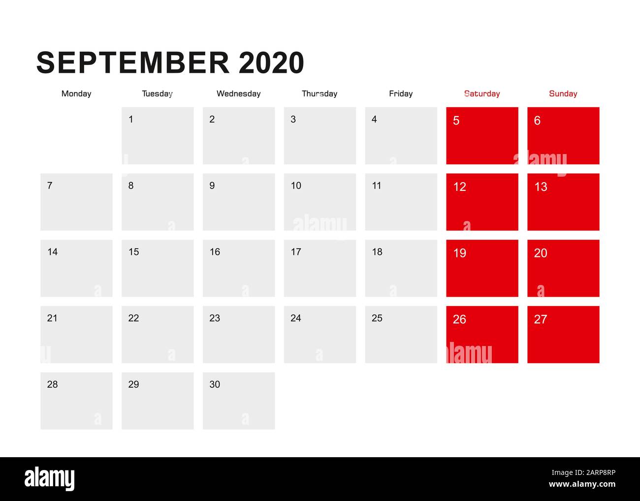 2020 September planner calendar design. Week starts from Monday. Vector ...