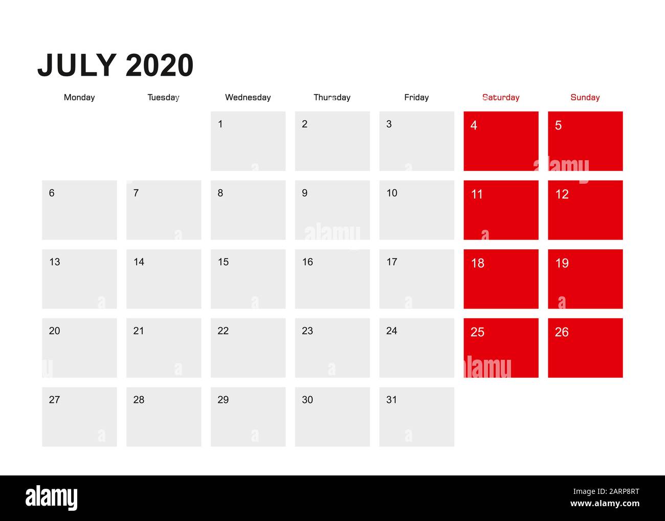 2020 July planner calendar design. Week starts from Monday. Vector ...