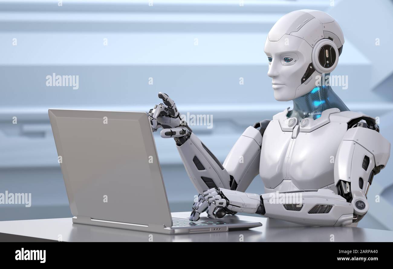 The robot works with a laptop. 3D illustration Stock Photo - Alamy