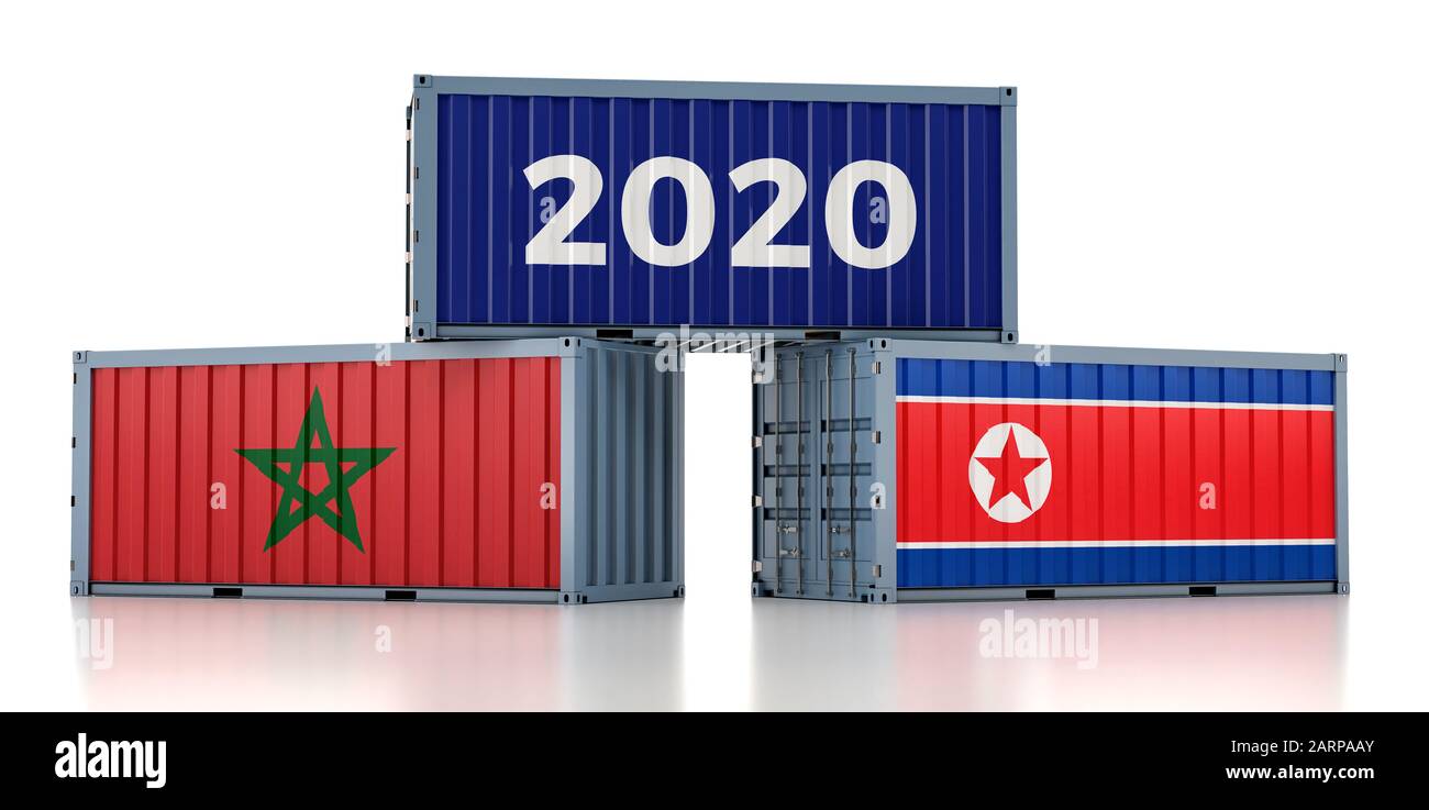 Year 2020 - Freight container with Morocco and North Korea flag. 3D ...