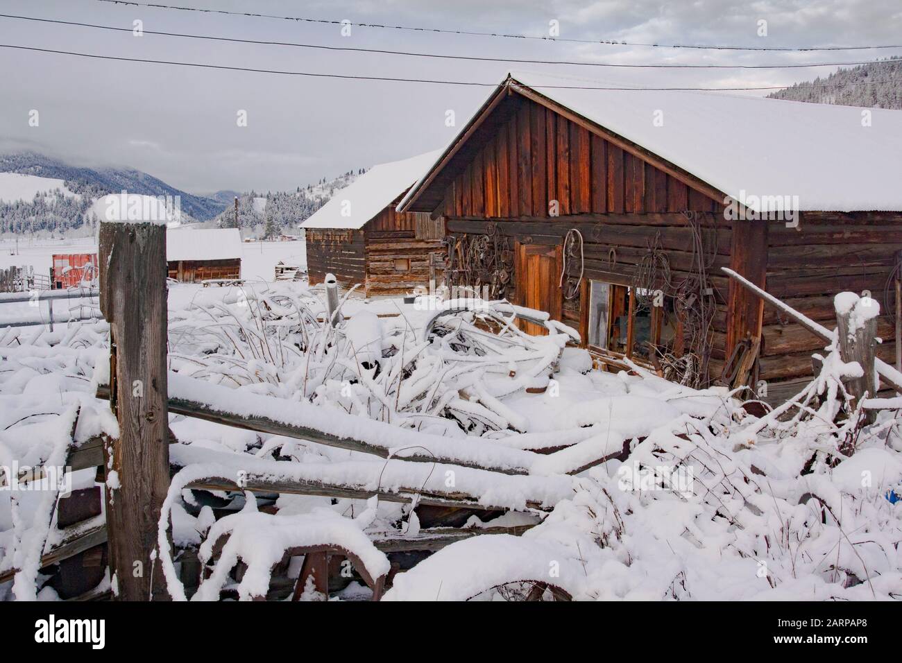 A cold winter day. A log barn and wooden farm buildings in the snow, on ...