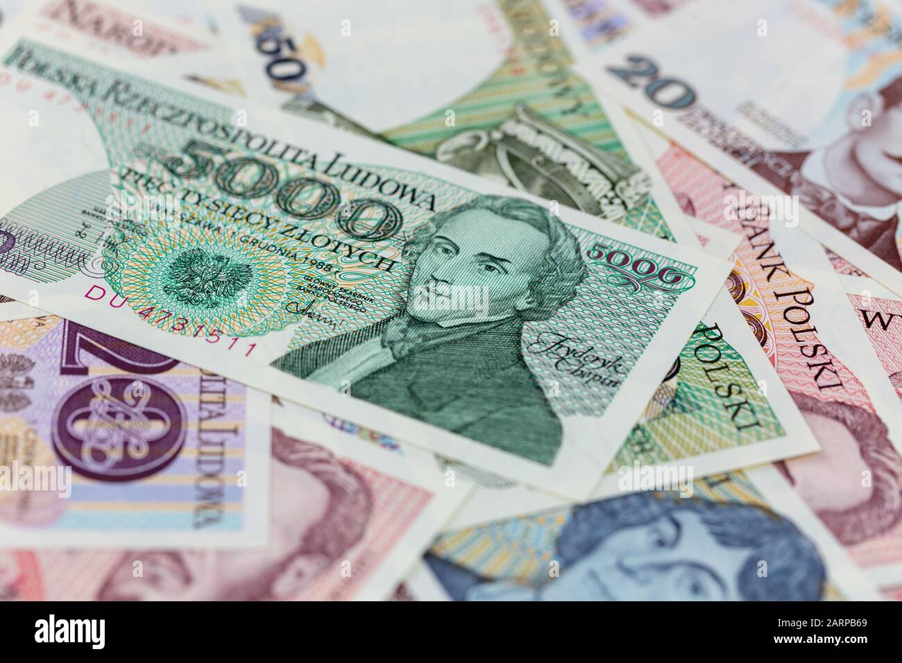 Old Polish banknotes before denomination, 5000 zloty bill with a ...