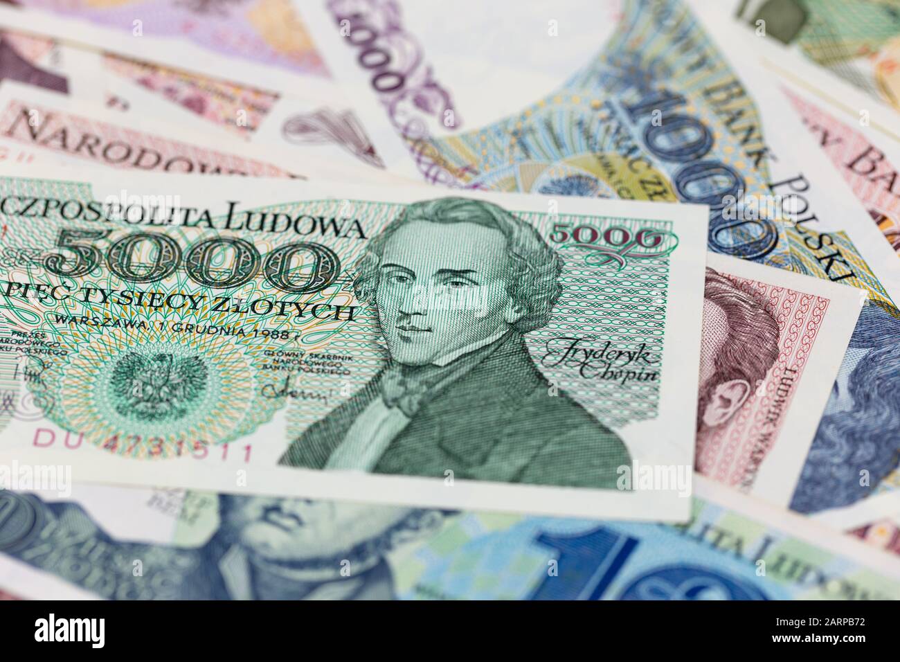 Old Polish banknotes before denomination, 5000 zloty bill with a ...