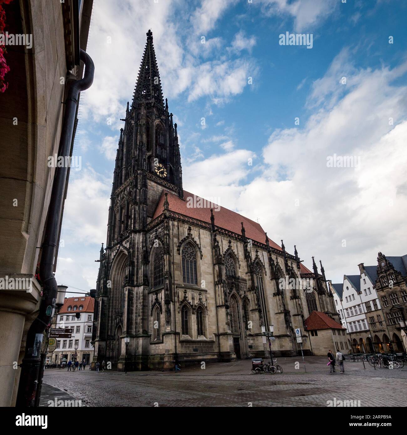 Low angle view of the Lambertikirche (St. Lambert's Church) in the side ...