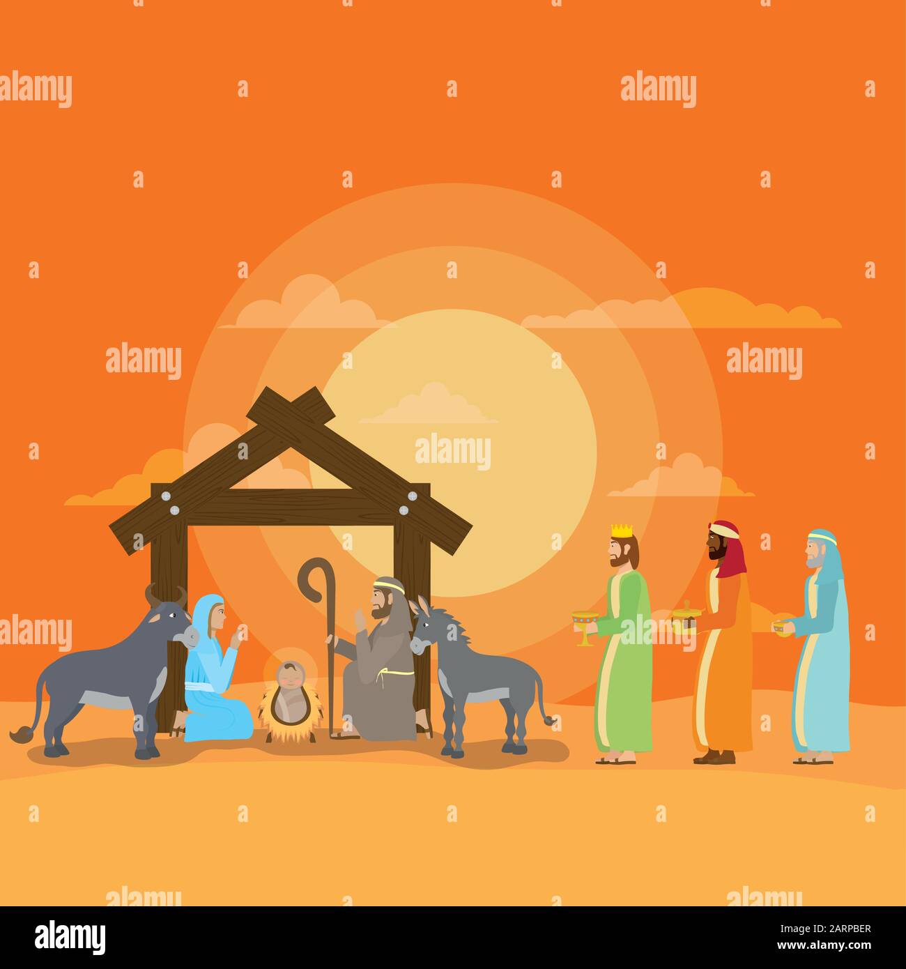 holy family and animals with wize men manger characters Stock Vector ...