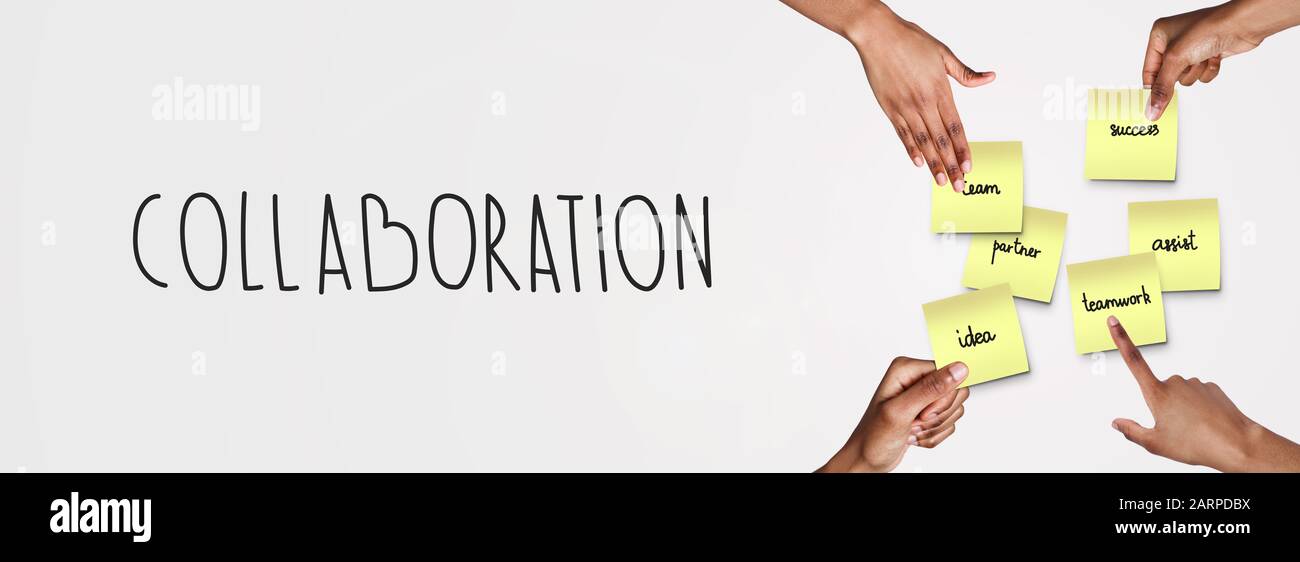 Collaboration lettering and hands with stickers, white background Stock ...