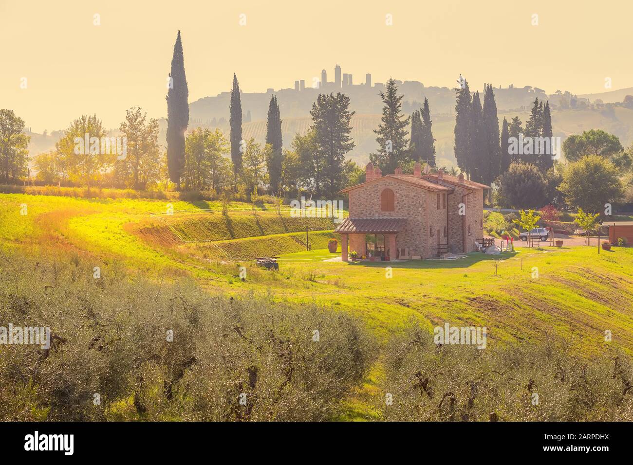 Tuscany sunset panoramic landscape with cypress trees, houses and ...