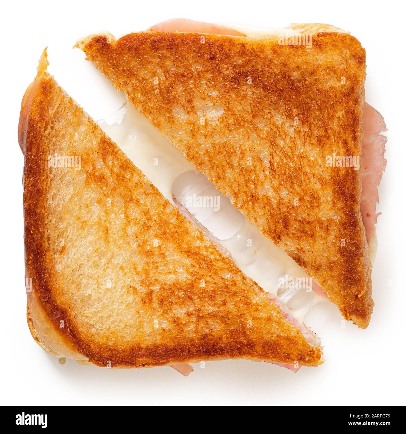Classic cheese and ham toasted sandwich cut in half isolated on white ...