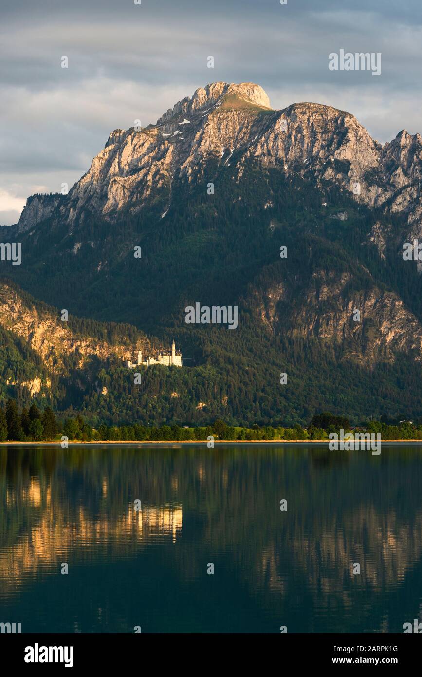 Neuschwanstein Castle and Mount Säuling in the evening sun before ...