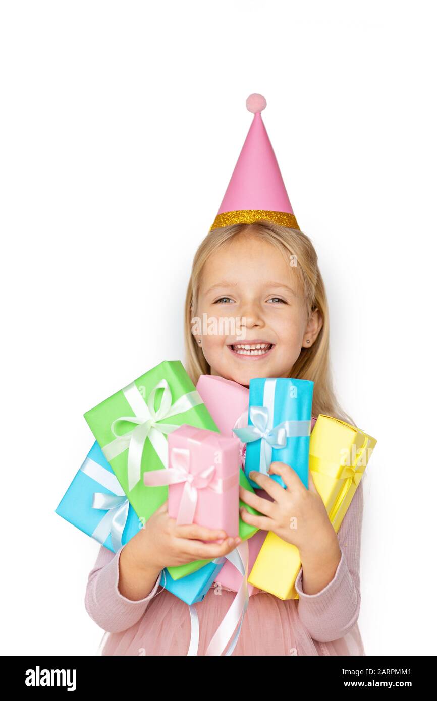 Happy kid receiving present on boxing day. Little girl smiling with ...