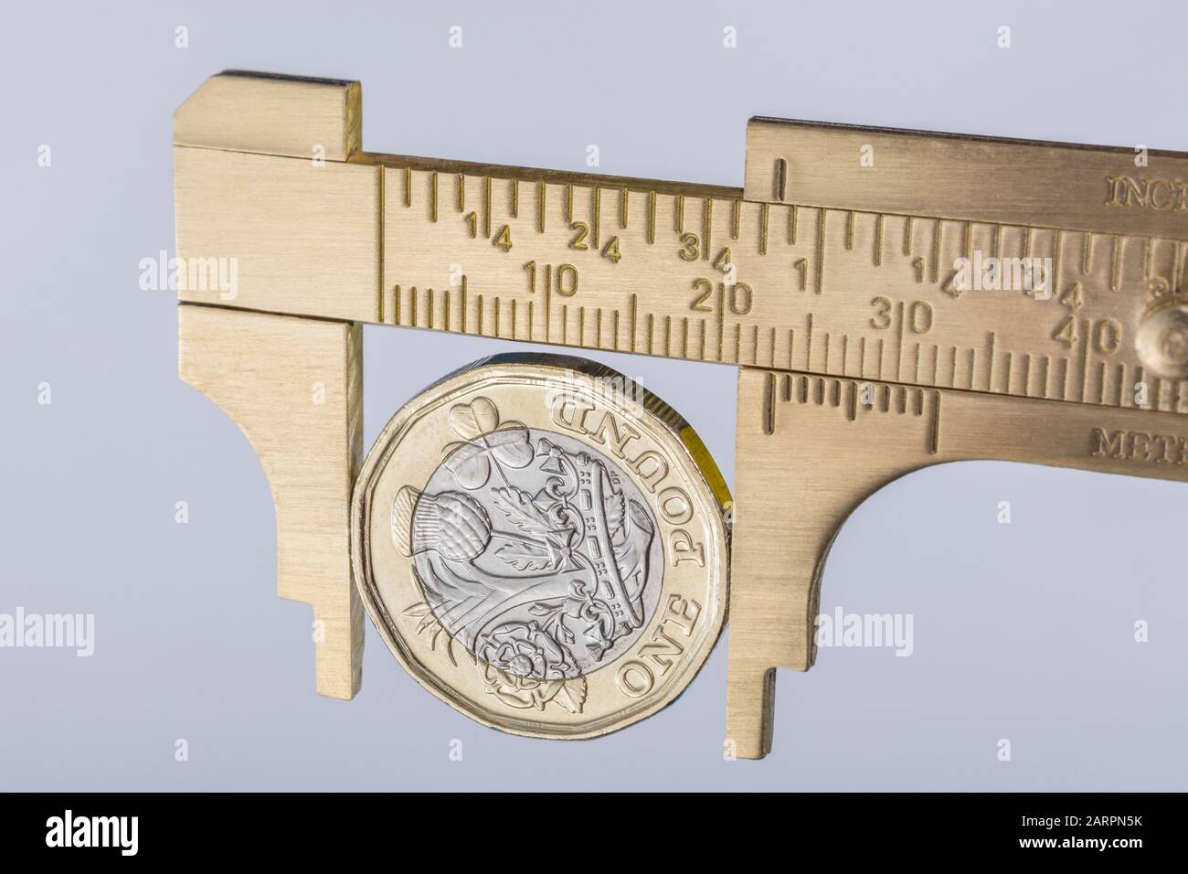UK New Pound Coin Between Brass Vernier Caliper Jaws For Price Inflation Value Of Pound uk-new-pound-coin-between-brass-vernier-caliper-jaws-for-price-inflation-value-of-pound