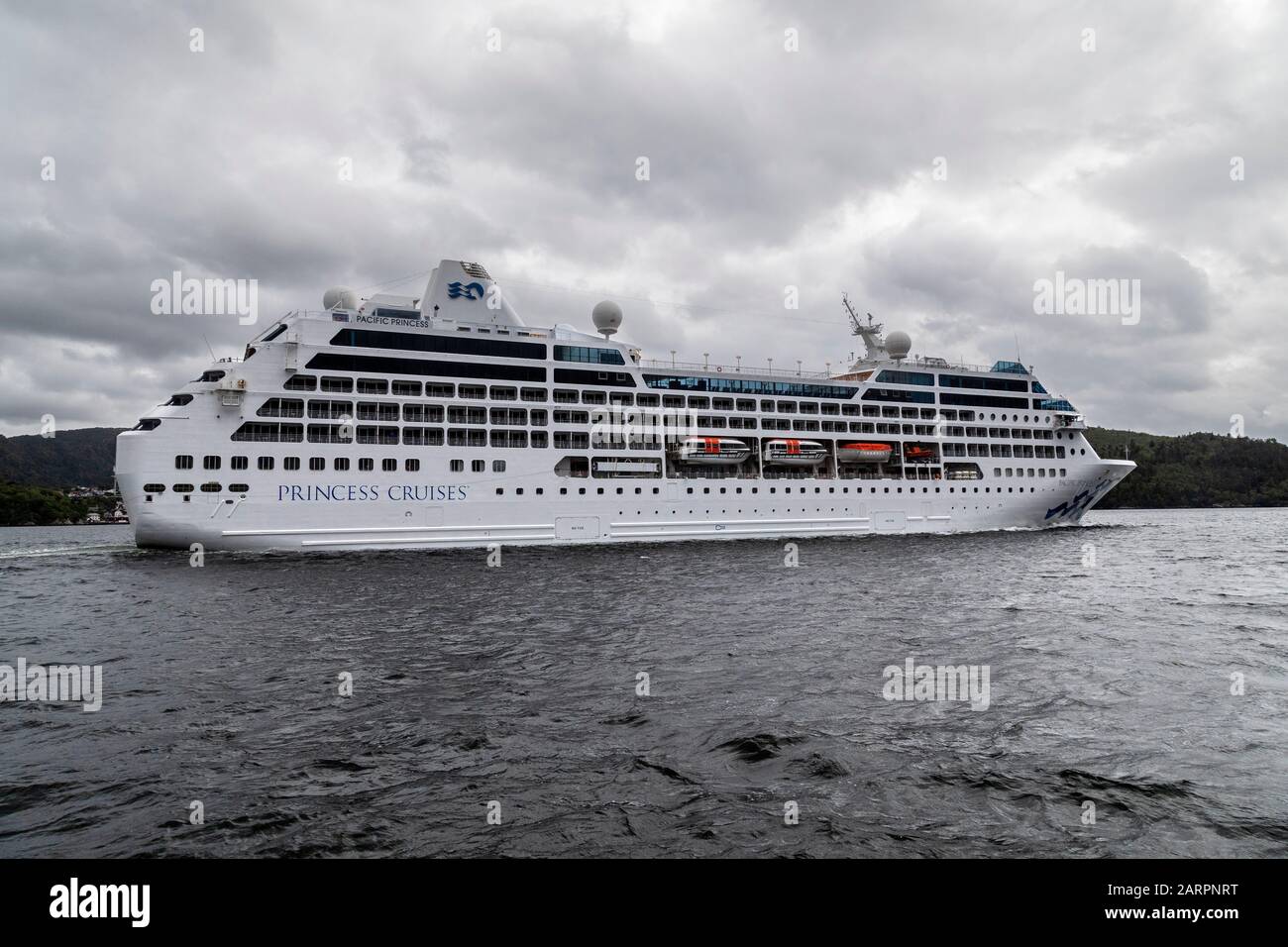Cruise ship Pacific Princess departing from the port of Bergen, Norway ...