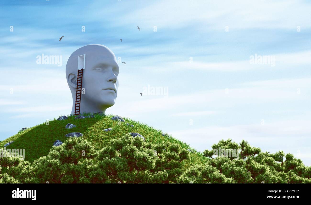 Statue human head and ladder on a hill. Surreal concept. 3d rendering ...