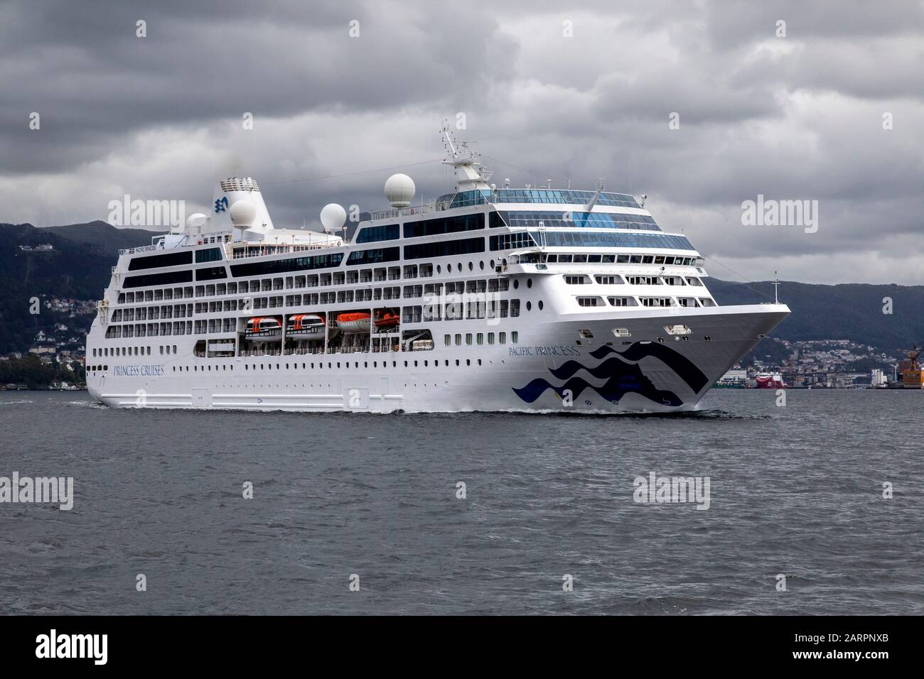 Cruise ship Pacific Princess departing from the port of Bergen, Norway ...