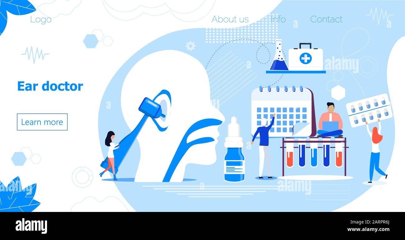 Ear doctor vector web template for landing page, header. Tiny doctors treat and exemine patient ...