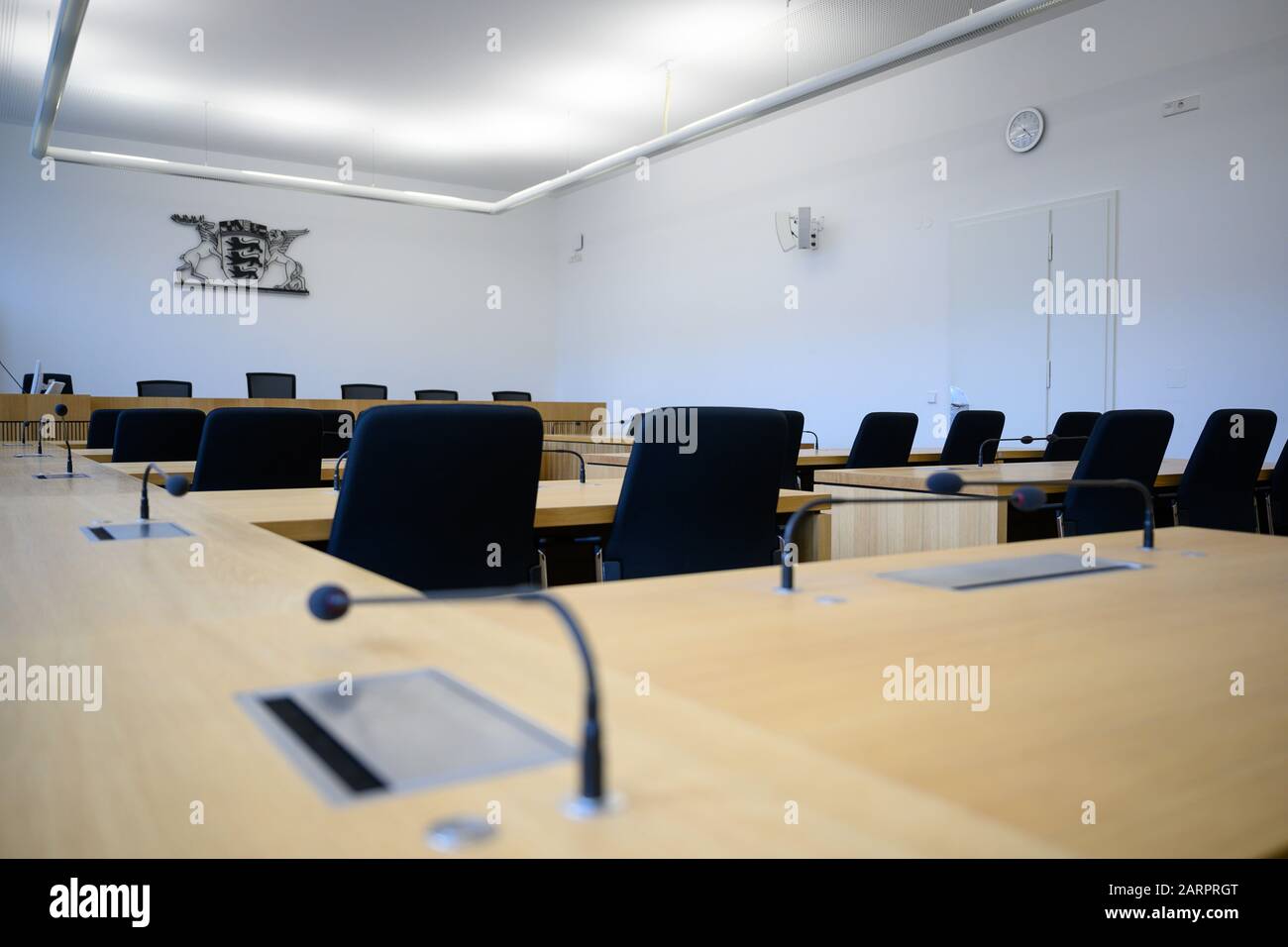 Stuttgart, Germany. 28th Jan, 2020. A courtroom in the building of the ...