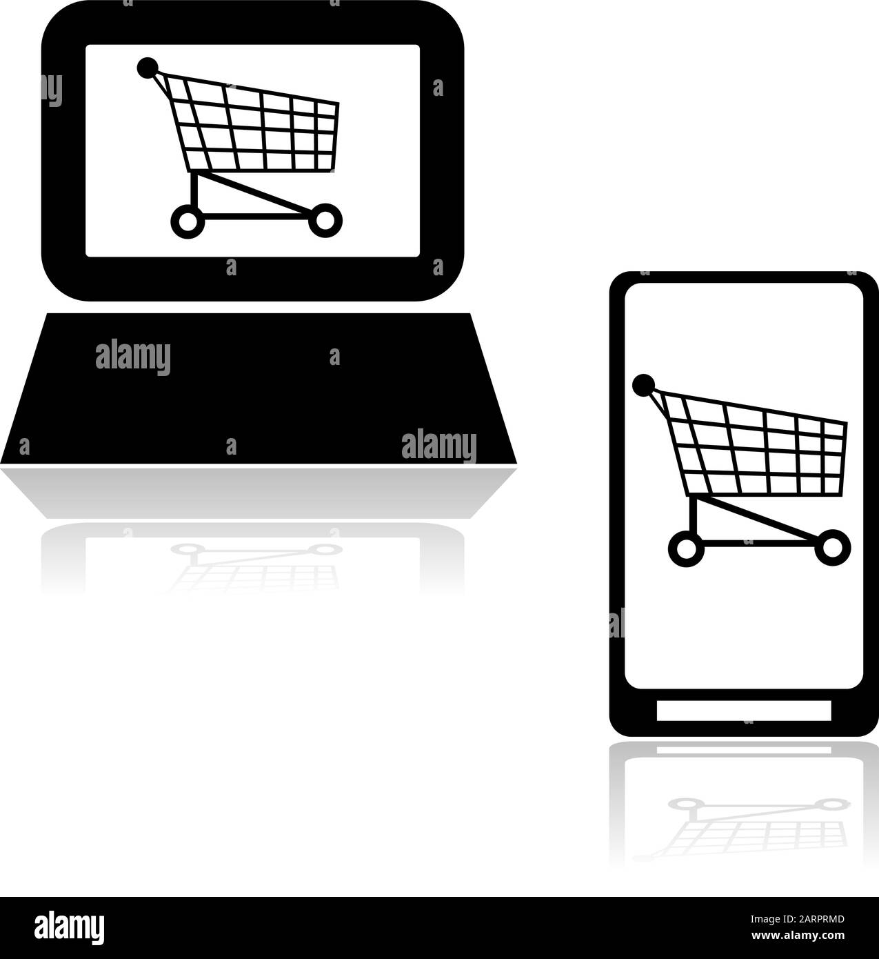 Icons showing a shopping cart inside a computer and mobile phone Stock ...