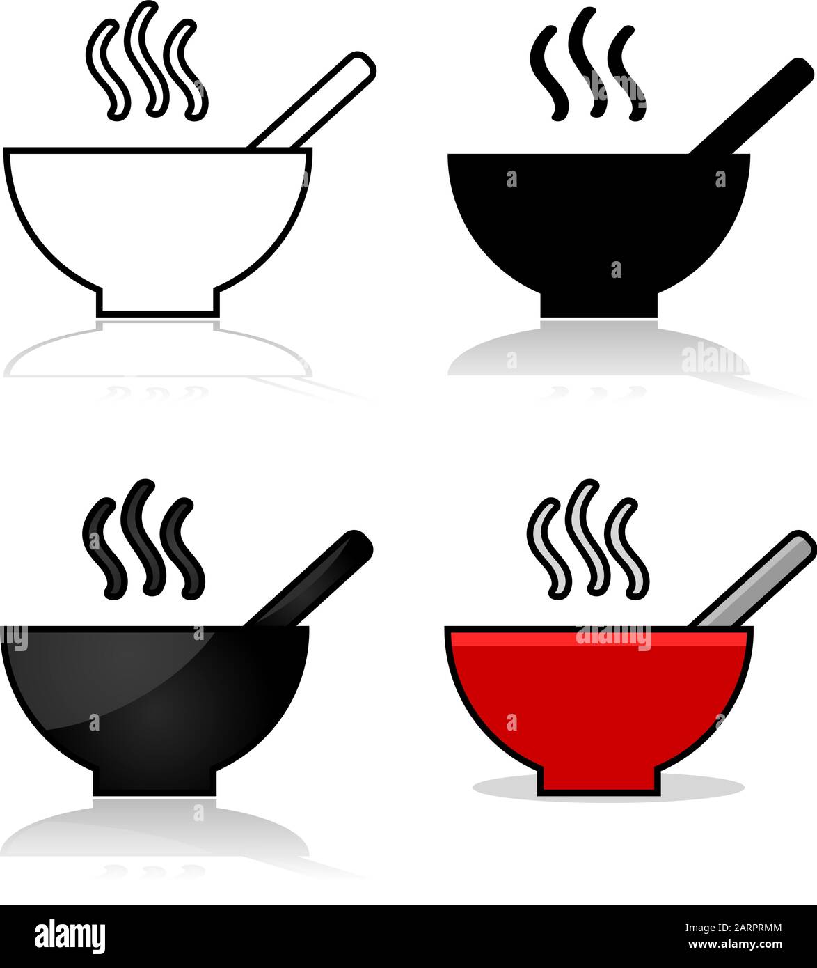 Icons showing a bowl of soup represented in different graphic styles ...