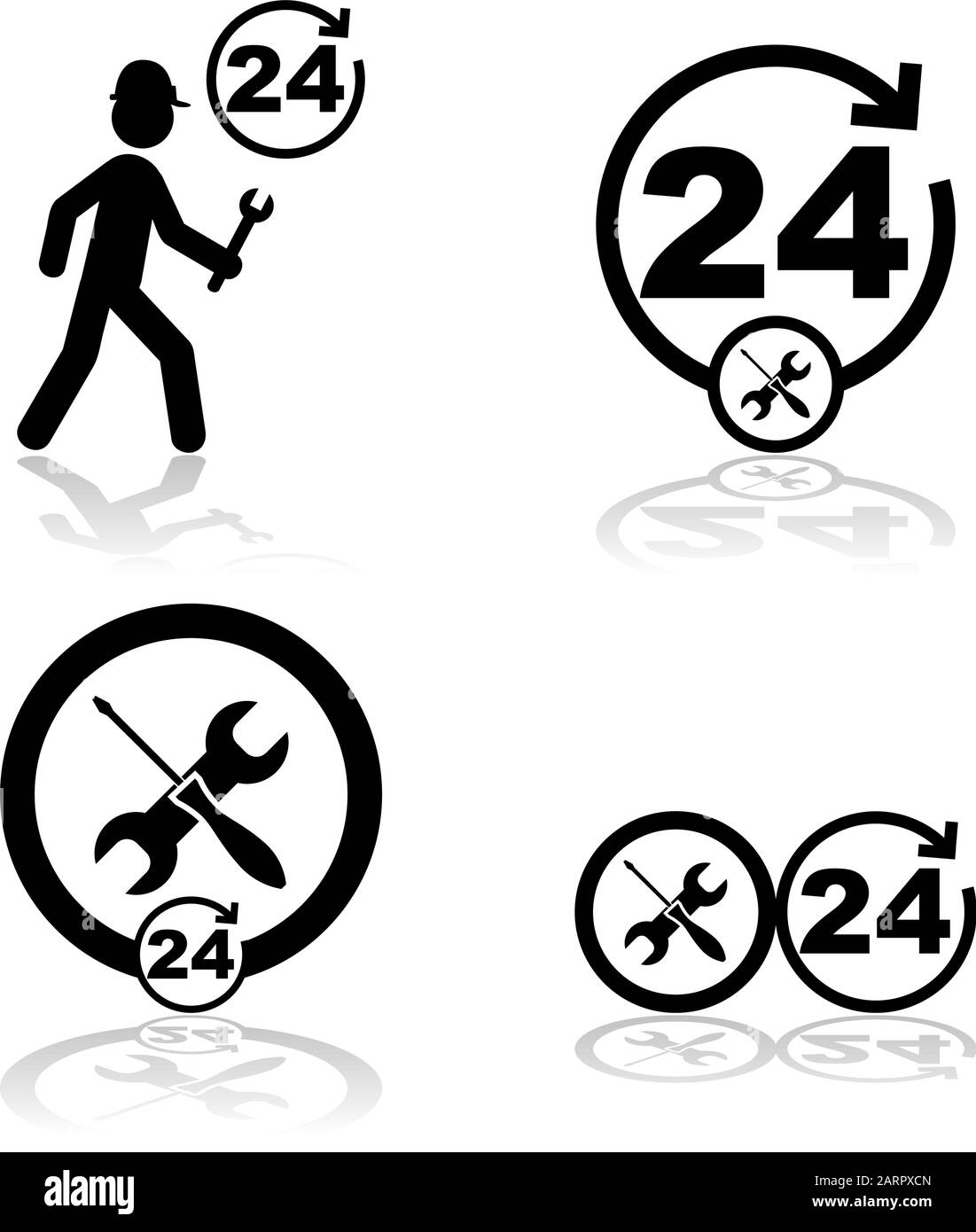 Icon set showing a handyman and tools combined with a round the clock ...