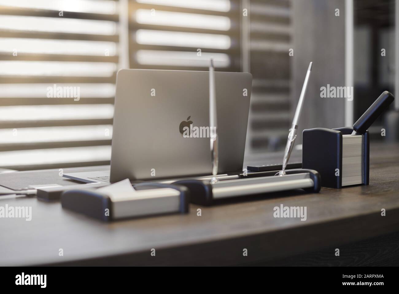 Modern office workplace. Business laptop in work place for chief, boss ...