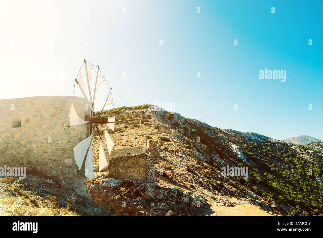 Ancient windmills on the island of Crete. Valley of 1000 windmills ...