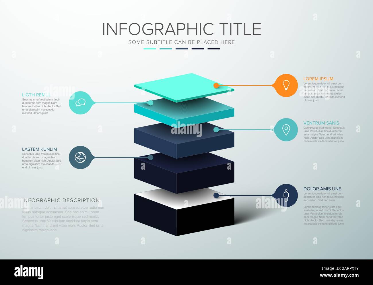 Vector Infographic layers template with five levels for material structure - teal and yellow ...