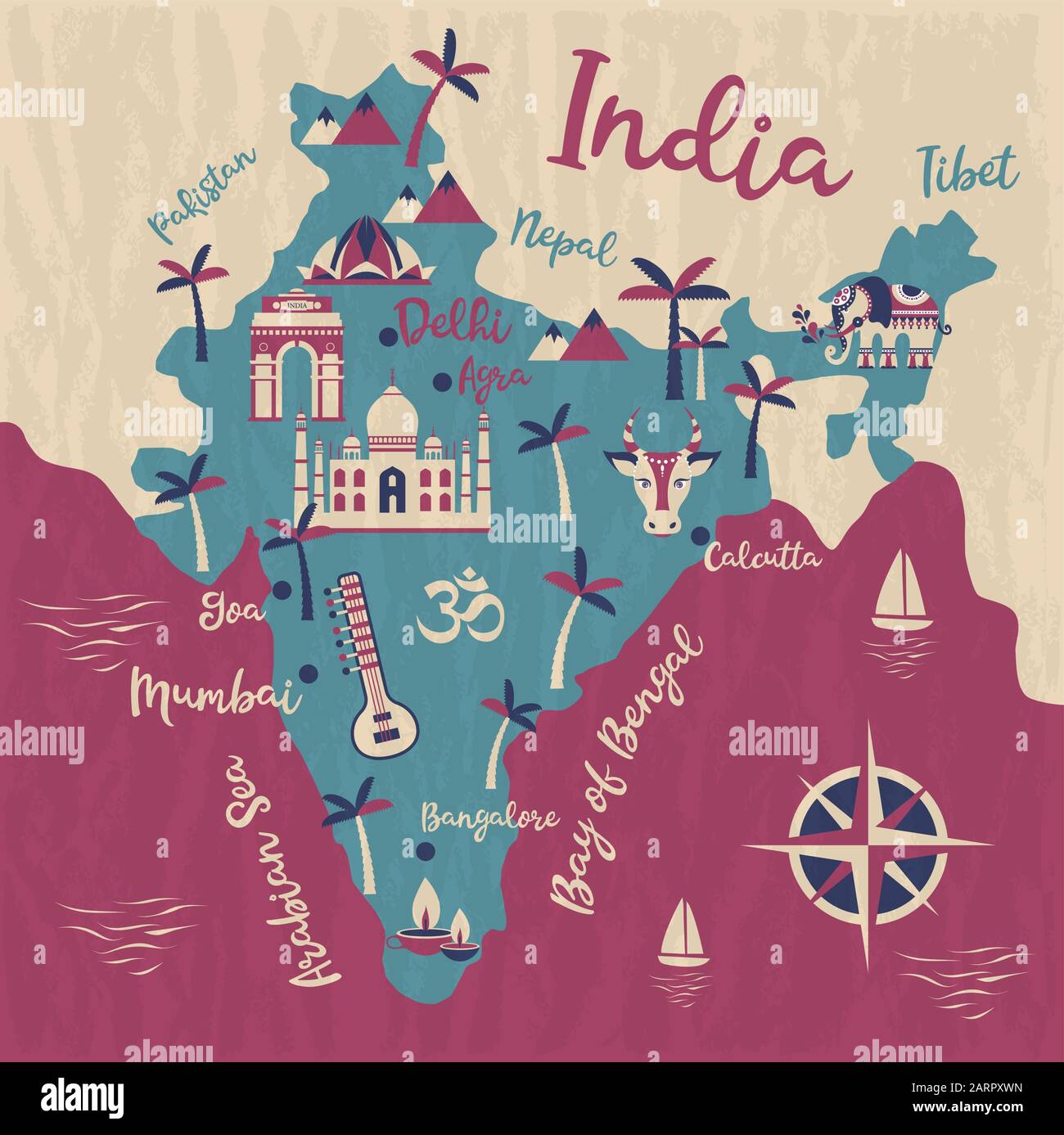 India map, vector flat illustration, Elephant, cow sitar palm tree ...