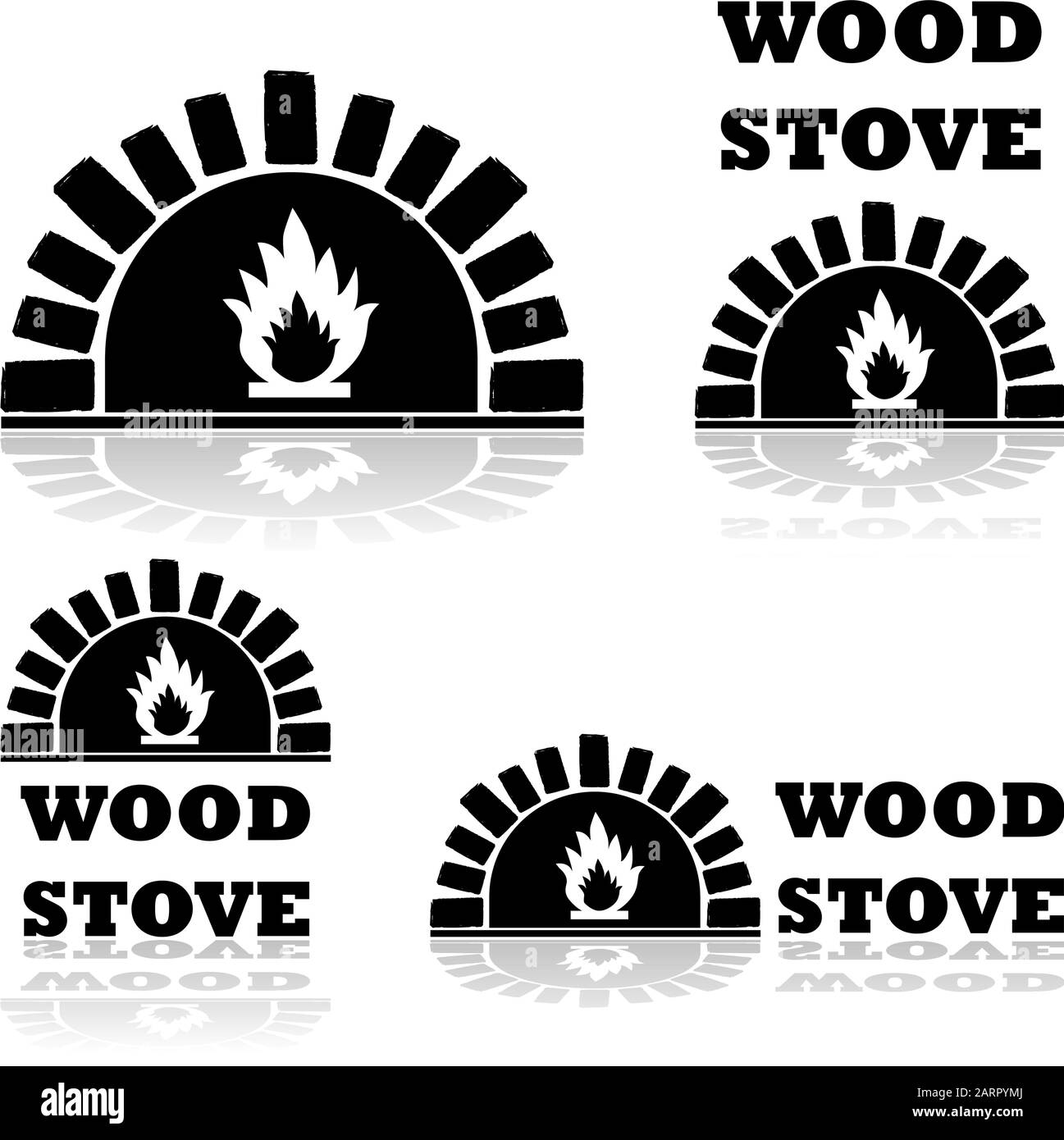 Icon set showing a wood stove combined with the words "wood stove Stock ...
