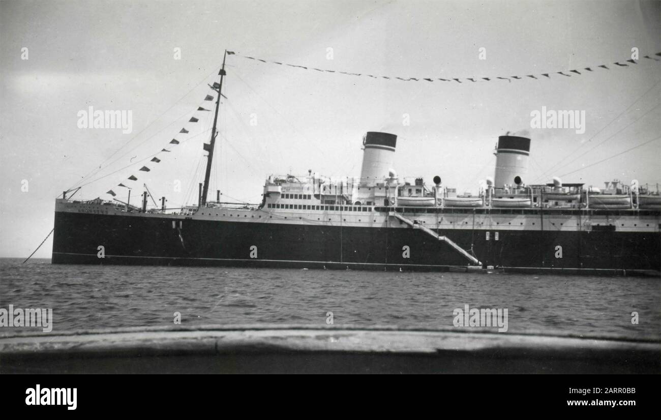 Italian liner Augustus at anchor, Italy 1936 Stock Photo - Alamy