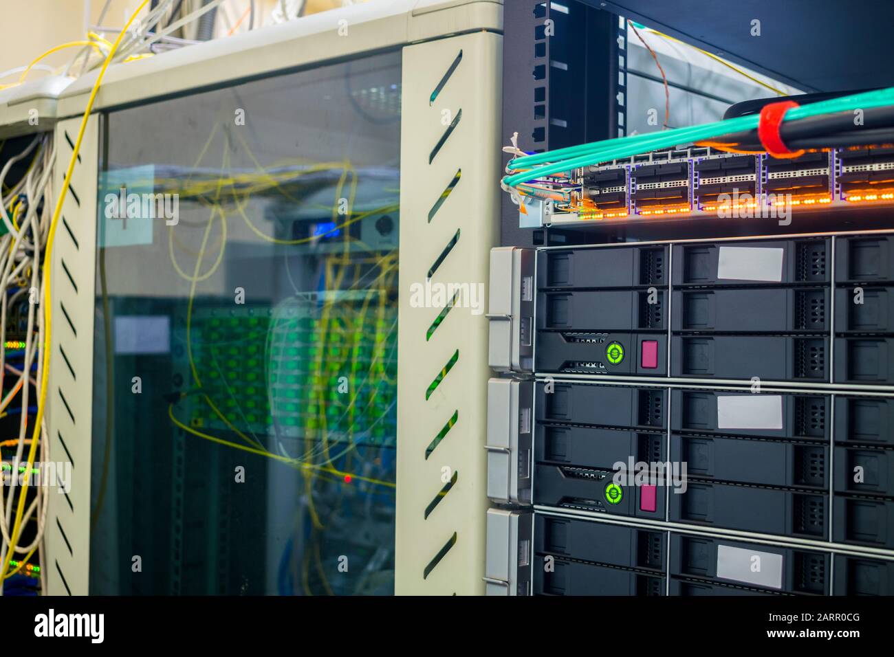 Racks with computer equipment are close-up. Modern telecommunication ...