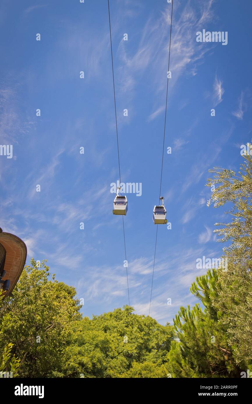 cable car, funicular carries booths on a blue background of a clear sky ...