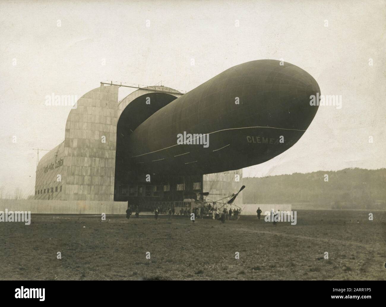 The French airship Clement-Bayard II getting out of the hangar, Lamotte ...