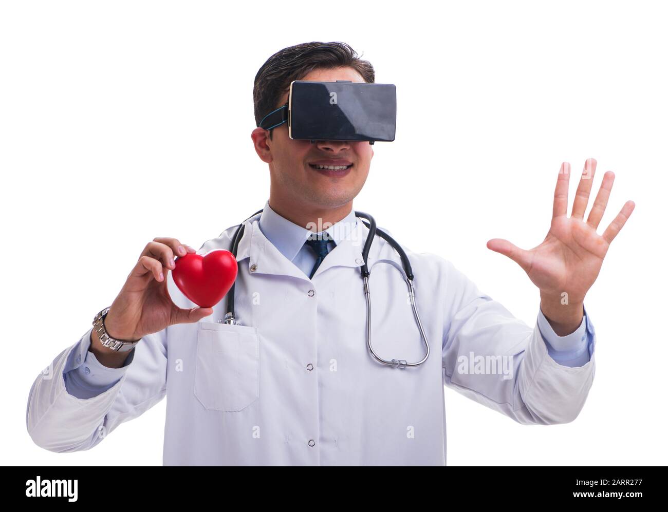 Doctor wearing a vr virtual reality headset isolated on white ...