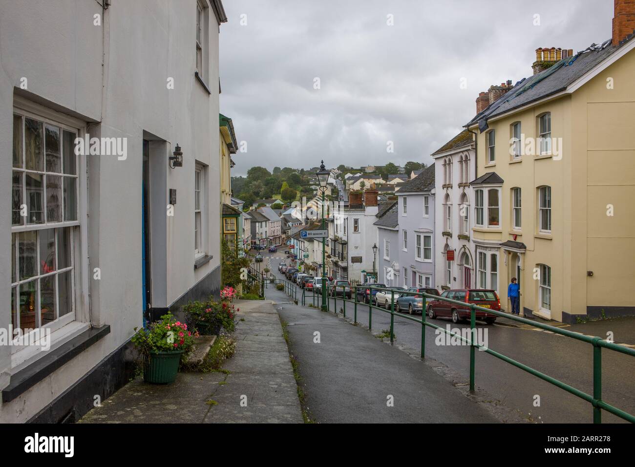 View down the main street of Modbury, Devon Stock Photo - Alamy