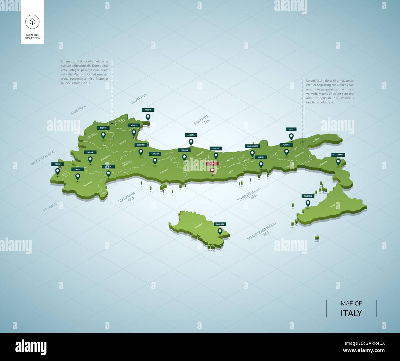 Stylized map of Italy. Isometric 3D green map with cities, borders ...