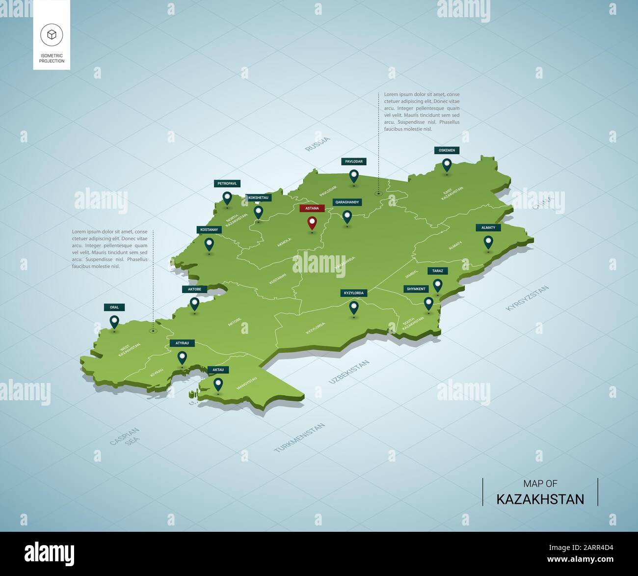 Stylized Map Of Kazakhstan Isometric 3d Green Map With Cities Borders