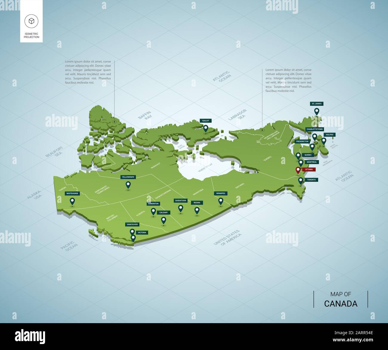 Stylized map of Canada. Isometric 3D green map with cities, borders ...