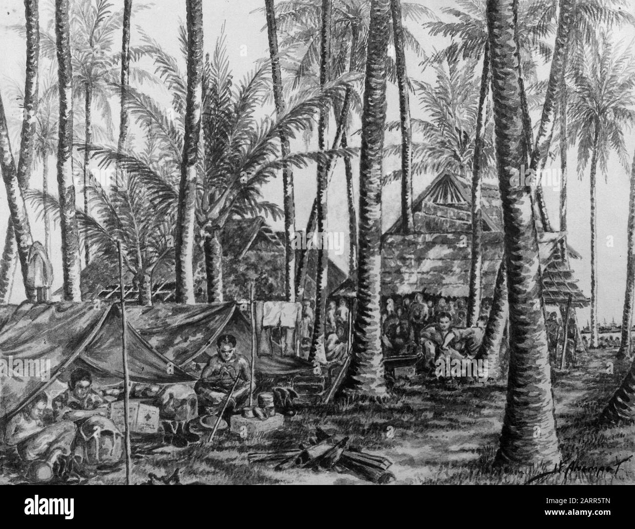 Reproduction of a drawing by J.F. Anemaet of a bivouac Date: July 1946 ...