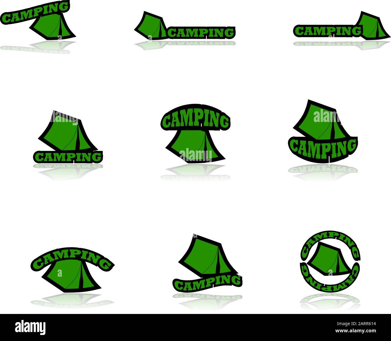 Icon set showing a green tent combined with different variations of the ...