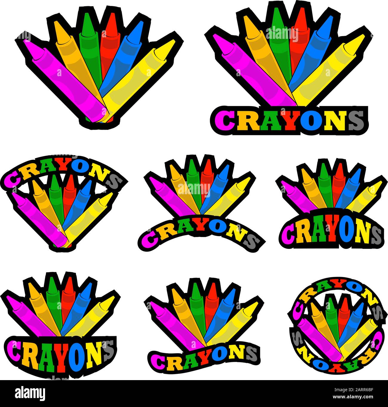 Icon set showing different colored crayons arranged with different ...