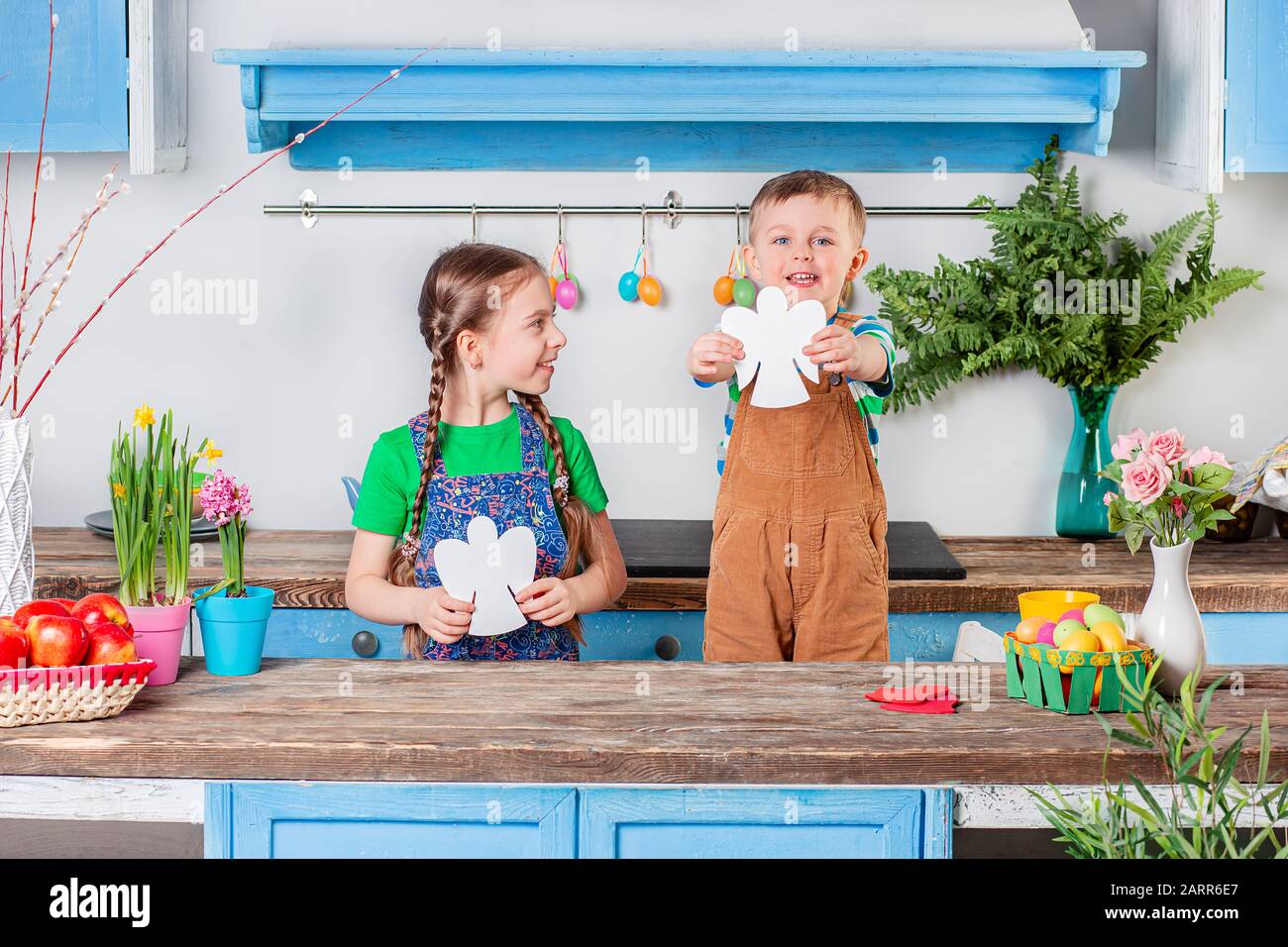 Happy easter. Cute brother and sister, funny kids boy and girl are ...