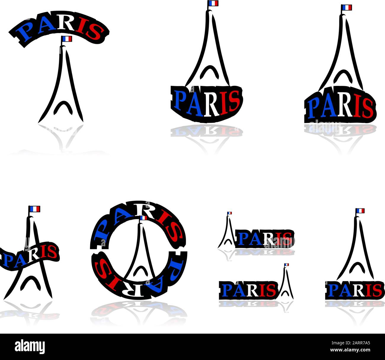 Icon set showing a free interpretation of the Eiffel tower combined ...