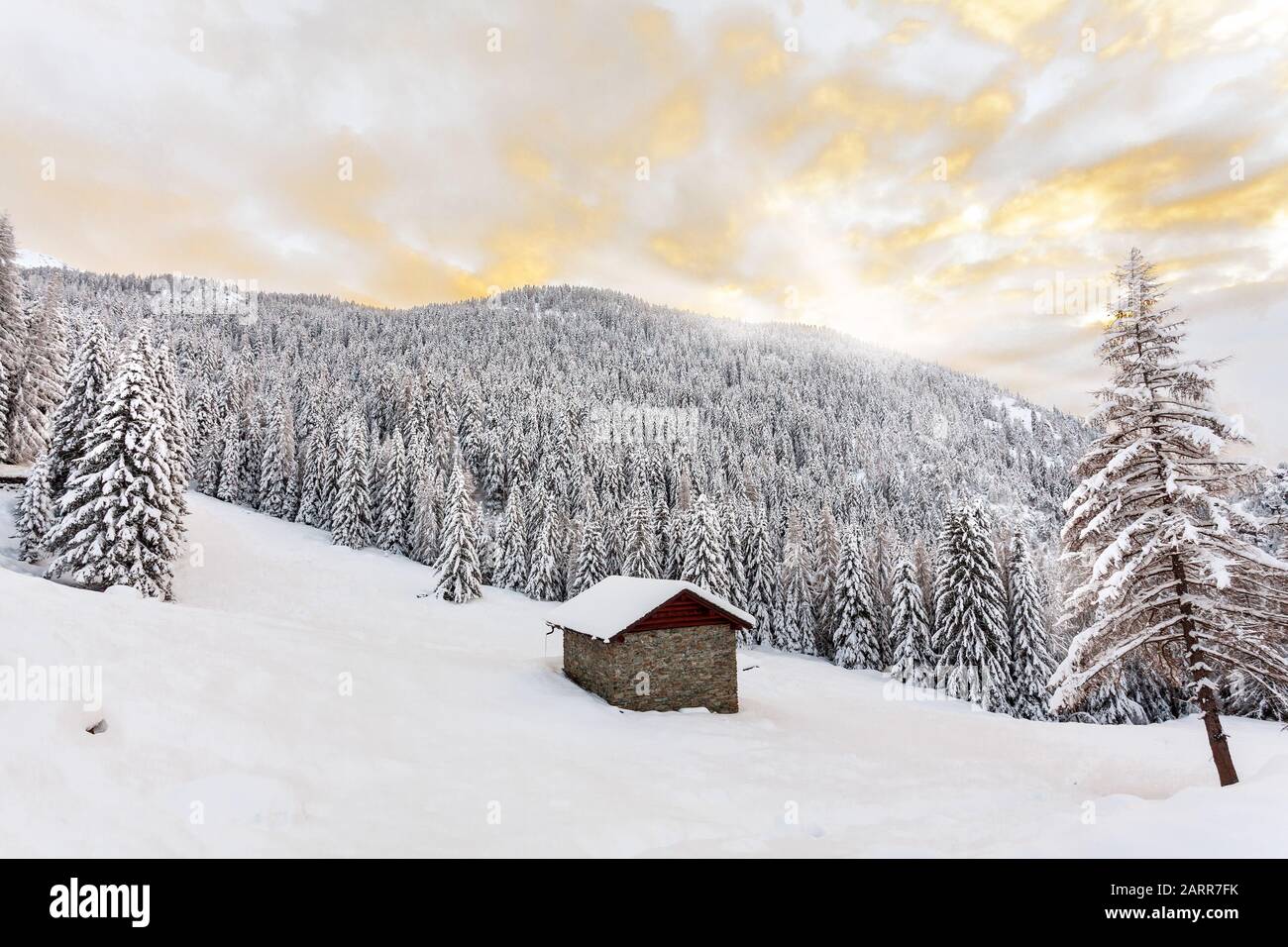 alpine cabin in winter landscape Stock Photo - Alamy