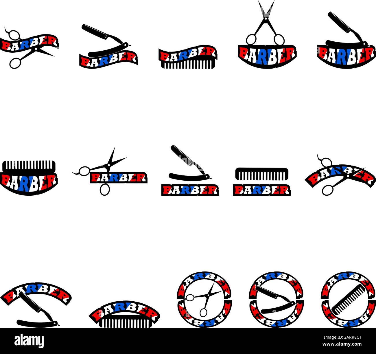 Icon set showing a comb, scissors and a razor blade combined with ...