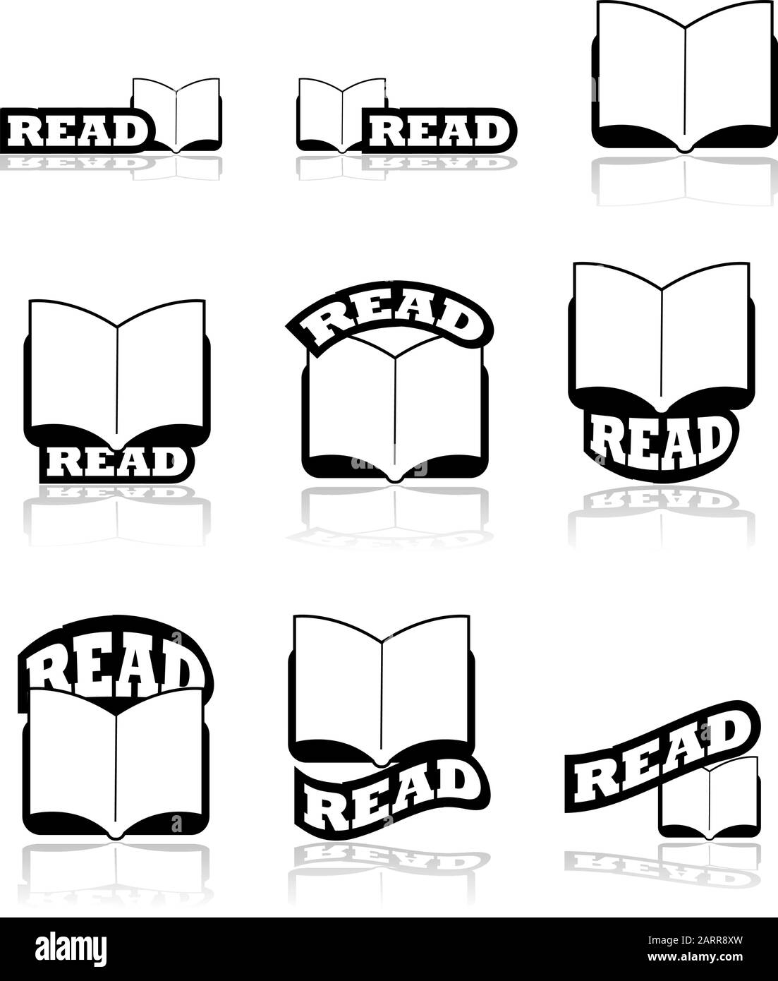 Icon set showing an open book combined with different variations of the ...