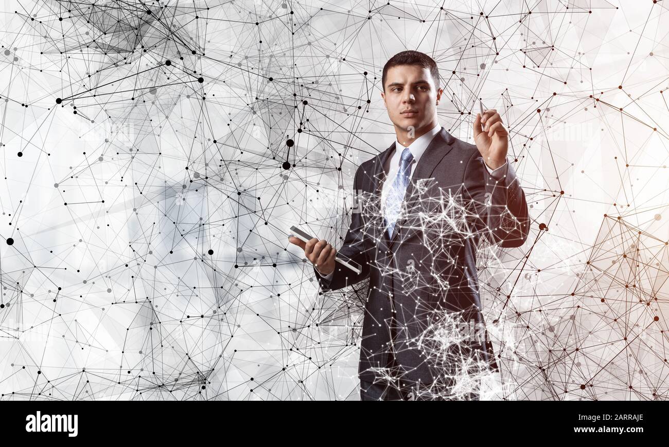 Business person pointing on abstract network Stock Photo - Alamy