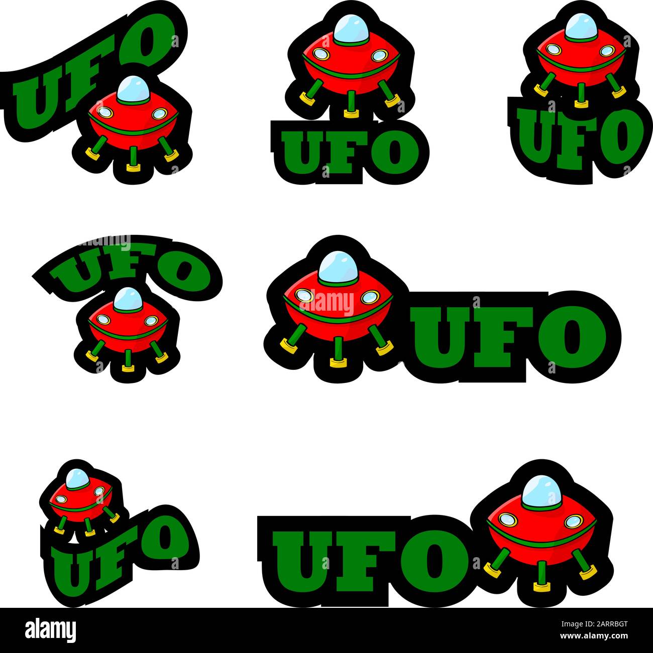 Icon set showing a cartoon alien ship combined with different ...